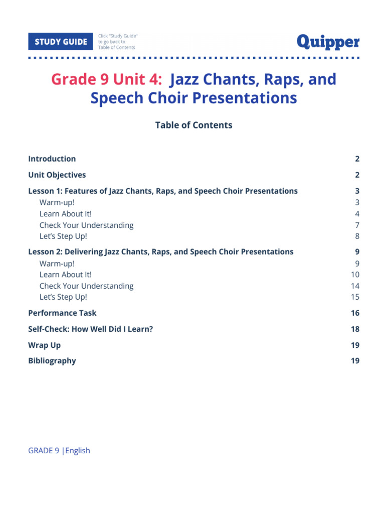 PDF_English Grade 9_Unit 4_ Jazz Chants, Raps, and Speech Choir Presentations, 2 topics | PDF ...