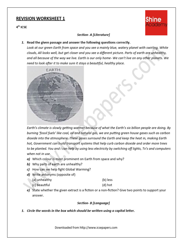 REVISION WORKSHEET 1 4th ICSE | PDF