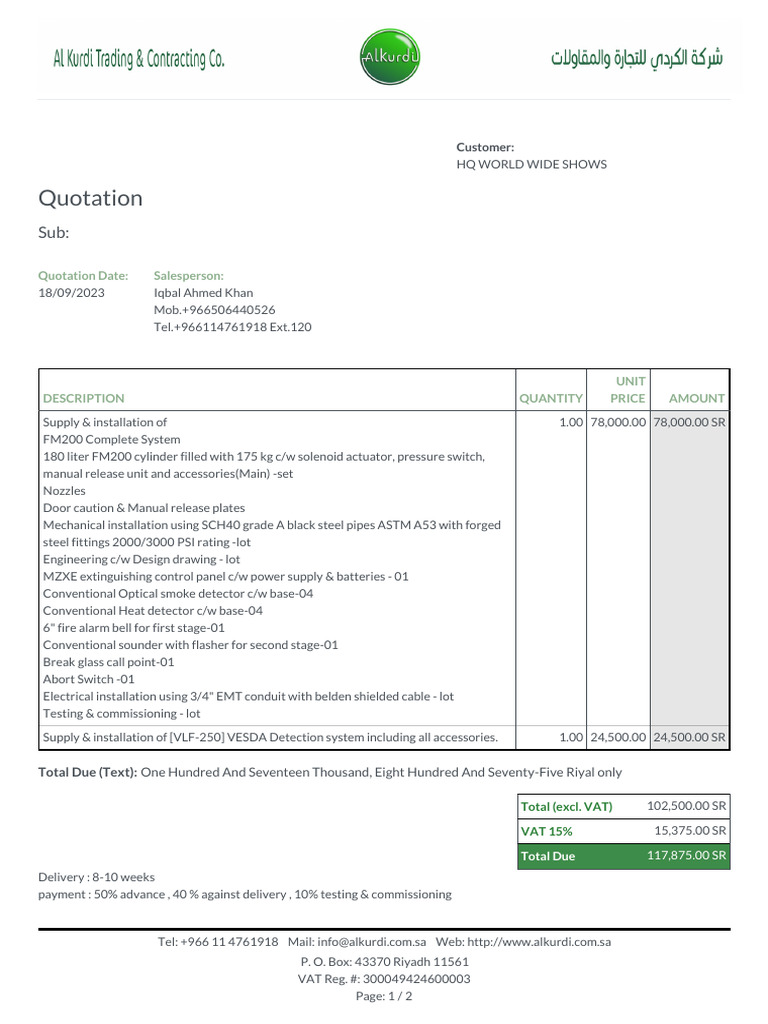 FM200 Quote | PDF | Mechanical Engineering | Equipment