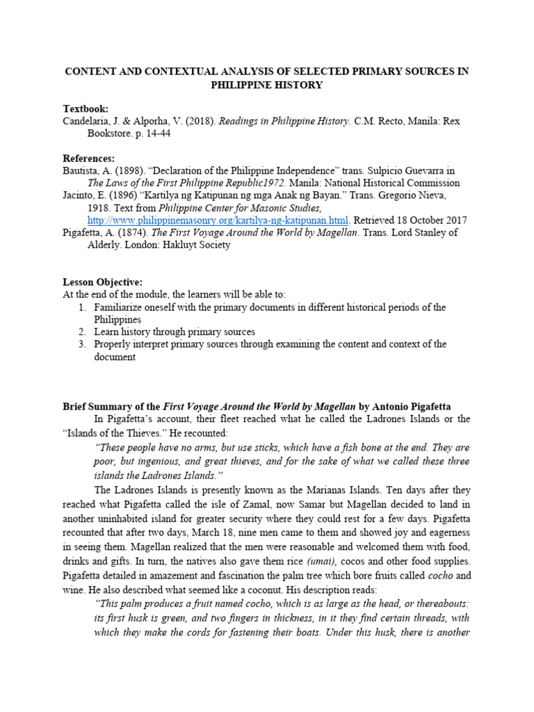 Content and Contextual Analysis of Selected Primary Sources in Philippine History | Download ...