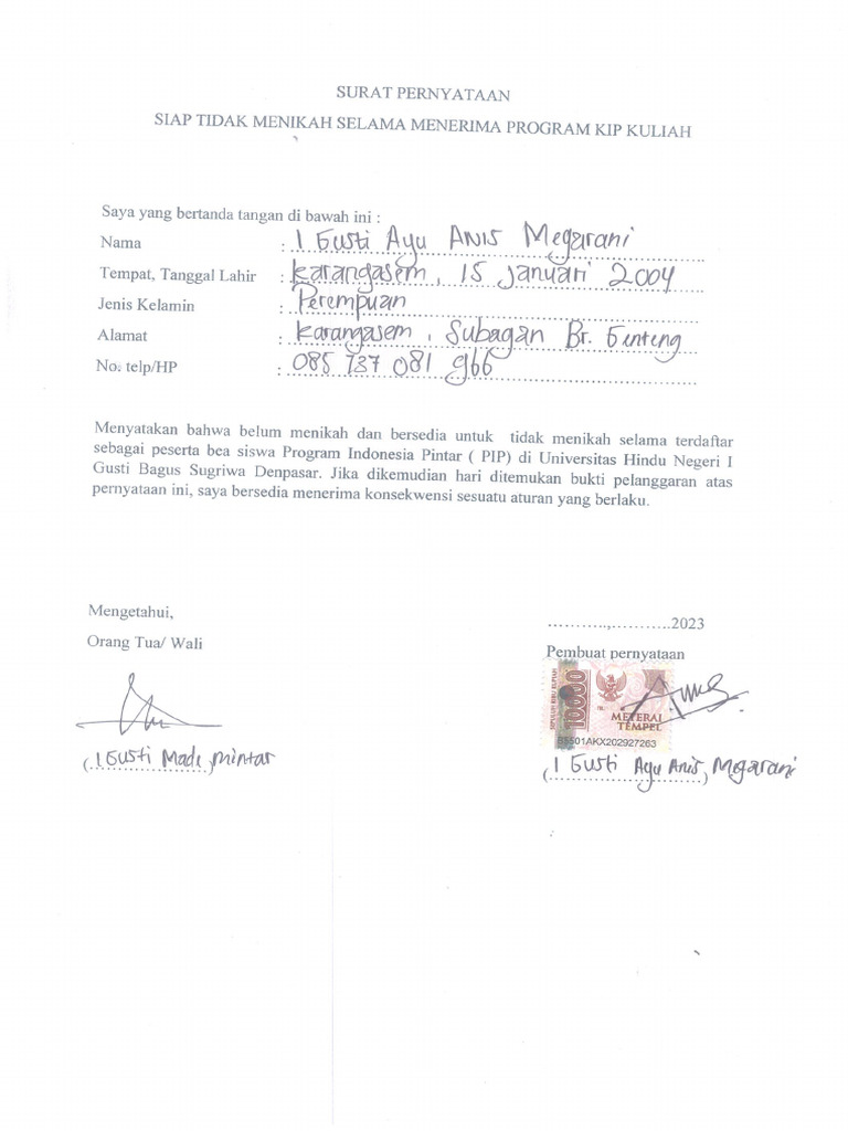 Surat Pernyataan Siap Tidak Menikah Selama Kuliah - I Gusti Ayu Anis Megarani | PDF