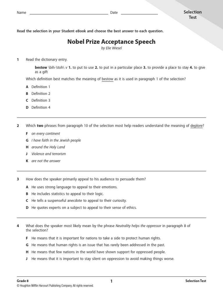 Elie Wiesel's Nobel Speech Analysis | PDF