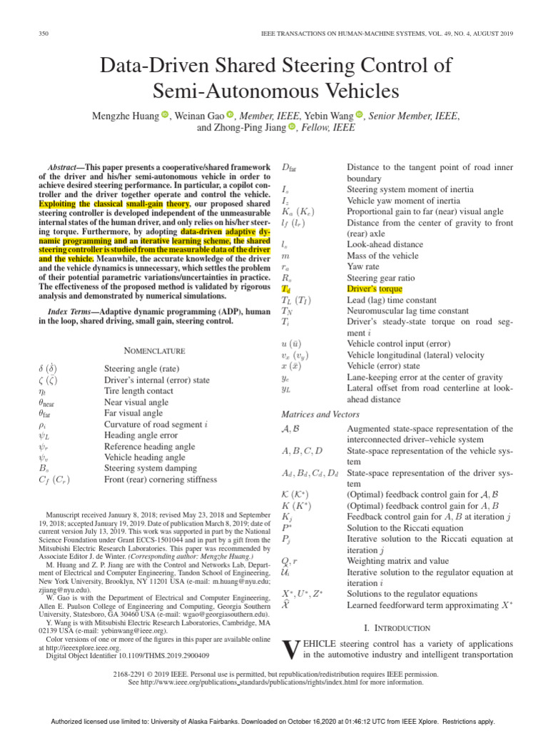 19-Data-Driven Shared Steeing Control - ADP | PDF