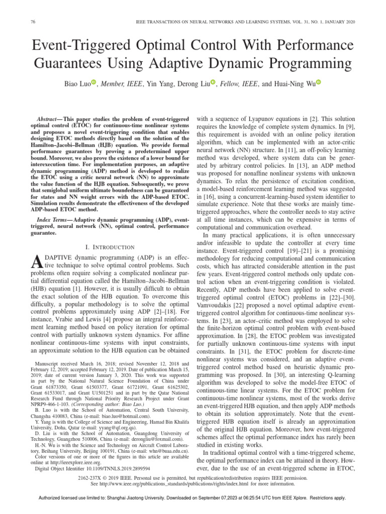 20 Ieee Nnls Event Triggered Optimal Control With Performance Guarantees Using Adaptive Dynamic 2024