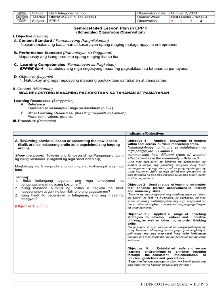 2023 2024 Cot 1 Q1 Week 4 Epp | PDF