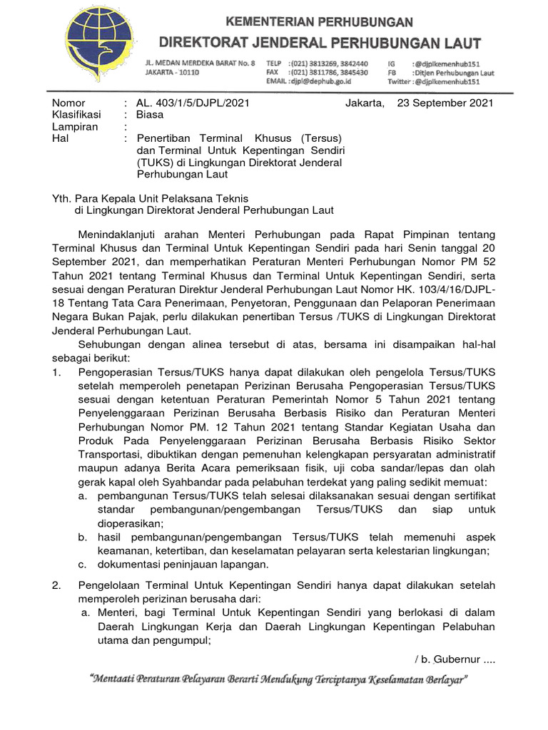 Surat PLT Dirjen Hubla - Penertiban Tersus Dan Tuks Di Lingk Ditjen ...
