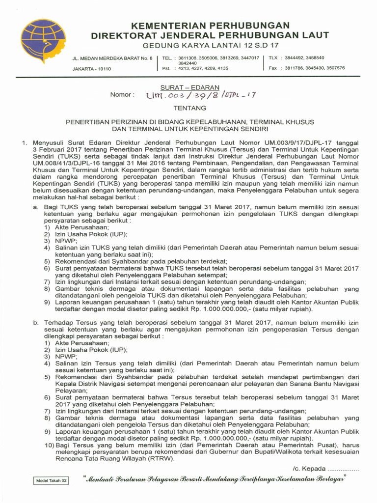 SE - Penertiban Tersus Dan TUKS - 2017 | PDF | Bisnis | Teknologi & Rekayasa