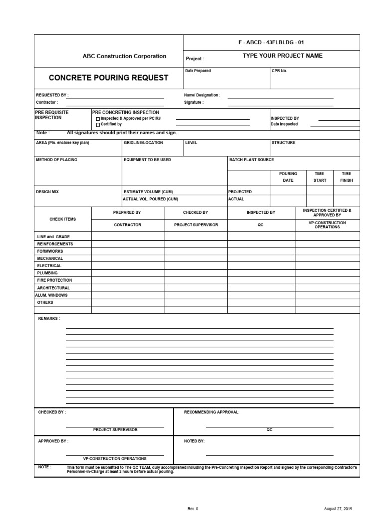 01-Request For Concrete Pouring | PDF | Building Engineering | Civil ...