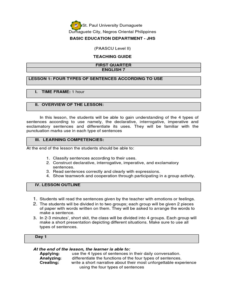 Lesson Plan in English Grammar - St. Paul Format | PDF | Sentence ...