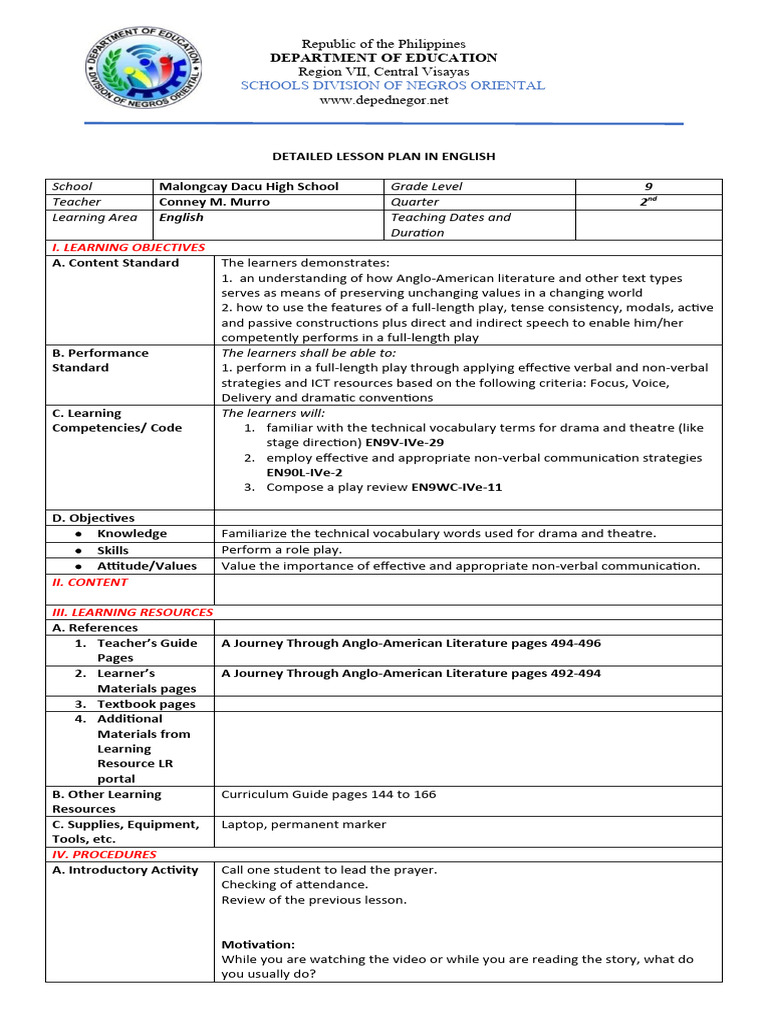 Lesson Plan DEPED Format | Download Free PDF | Learning | Nonverbal Communication