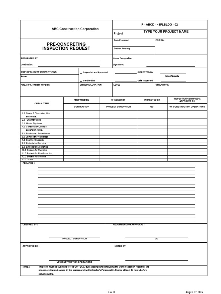 02-Pre-Concreting Inspection Request | PDF