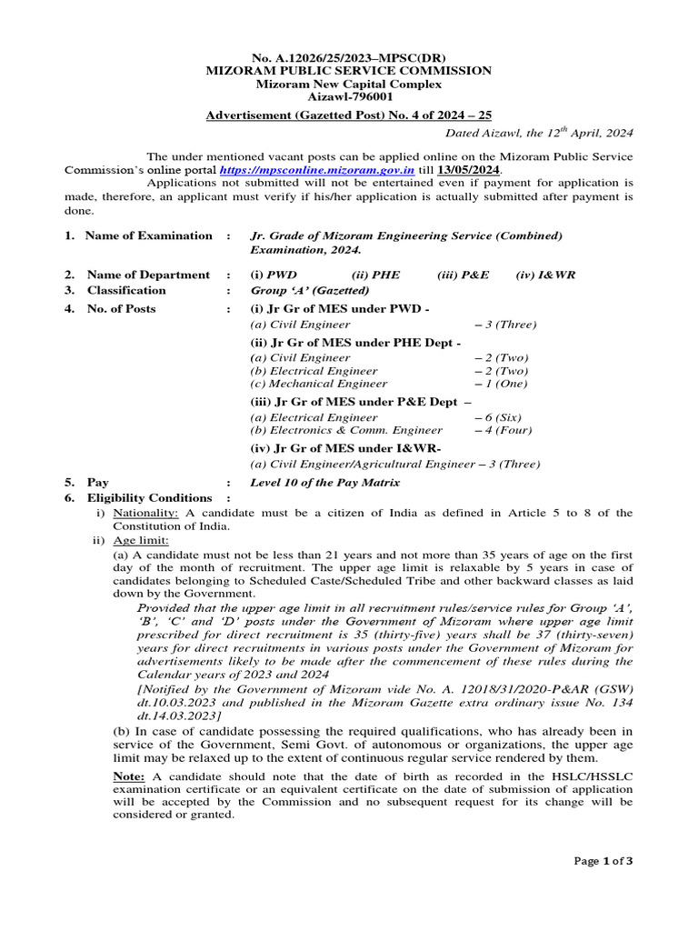 Advt. (Gazetted Post) No. 4 of 2024-25 (JR GR of MES (Combined) Examination, 2024) | PDF ...