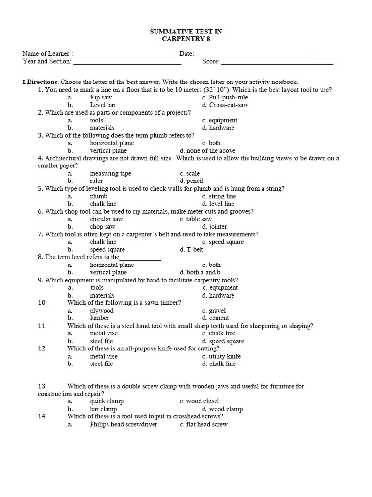 Summative Test Carpentry | Download Free PDF | Tools