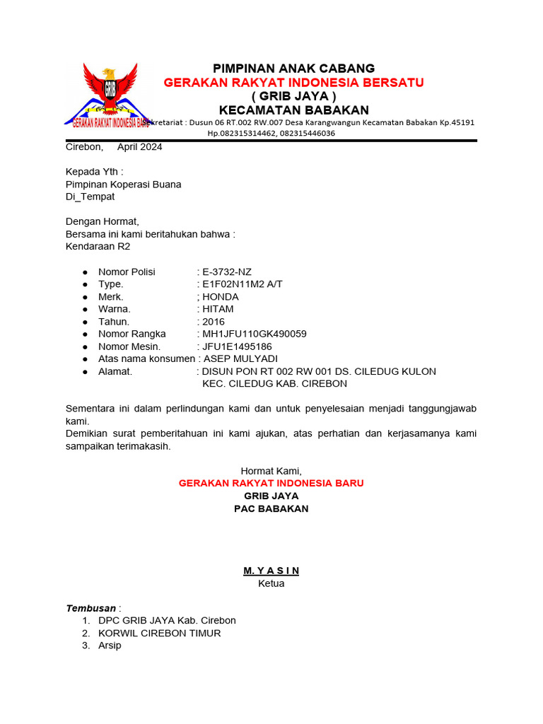 Surat Backup Kendaraan | PDF