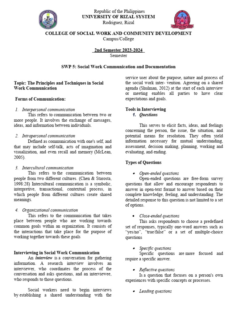 Principles and Techniques in Social Work Communication | PDF ...