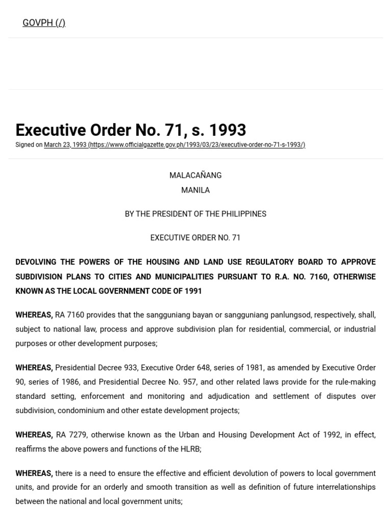 Devolution of Subdivision Approval Powers | PDF | World Politics | President Of The Philippines