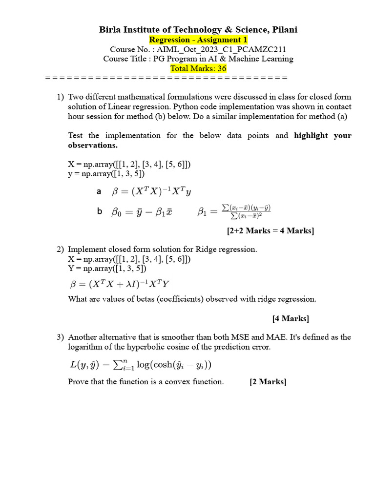 BITS - AIML-Cohort 10 - Regression - Assignment 1 | PDF | Mean Squared Error | Regression Analysis