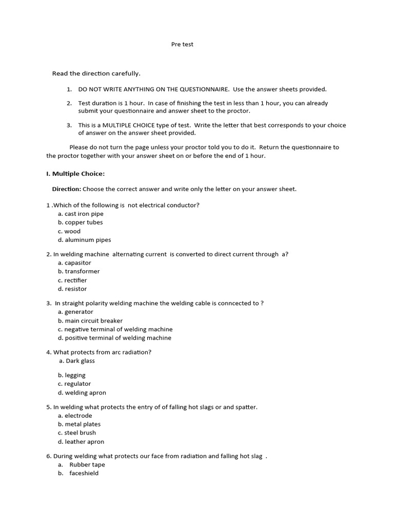 Pre Test SMAW NC I 1 | PDF | Welding | Construction