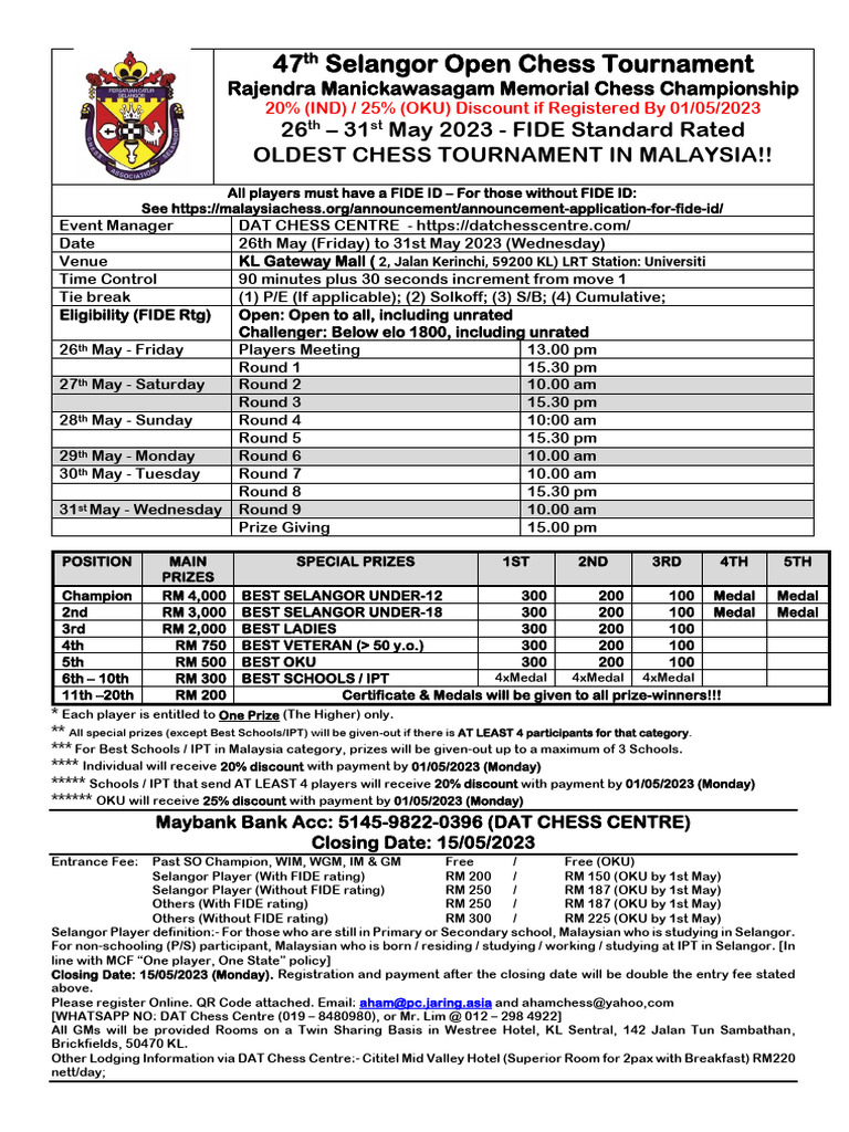 47th Selangor Open (ENTRY FORM 2023) | PDF | Abstract Strategy Games | Chess