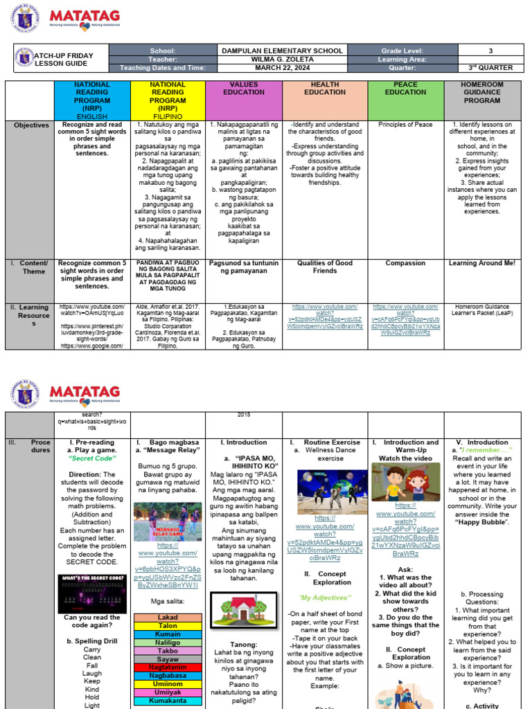 Grade 3 Catch Up March 222024 | PDF | Cognition