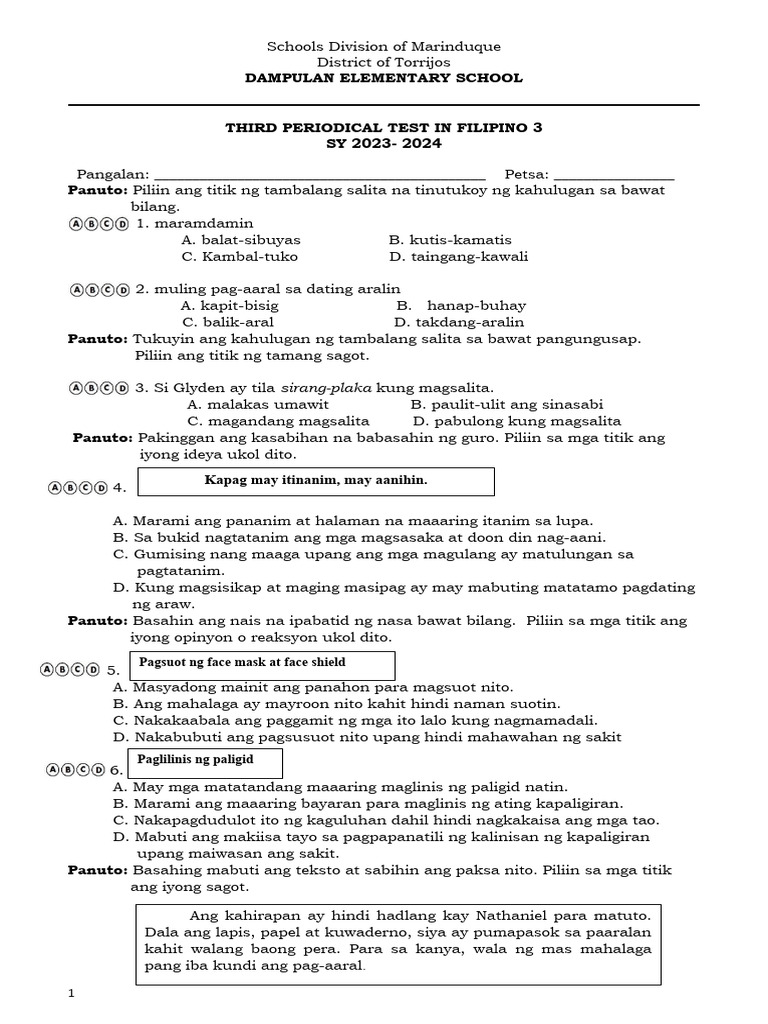 Gr.3 - 3RD PERIODICAL TEST - Filipino Ok | PDF