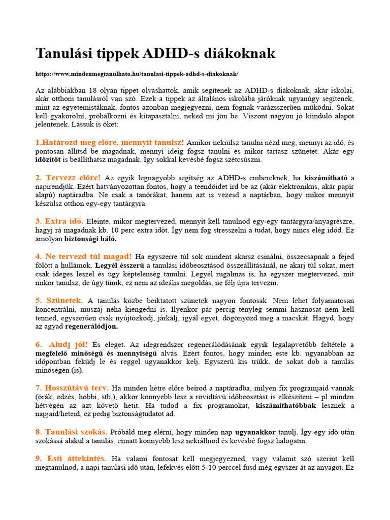Tanulási Tippek ADHD | PDF