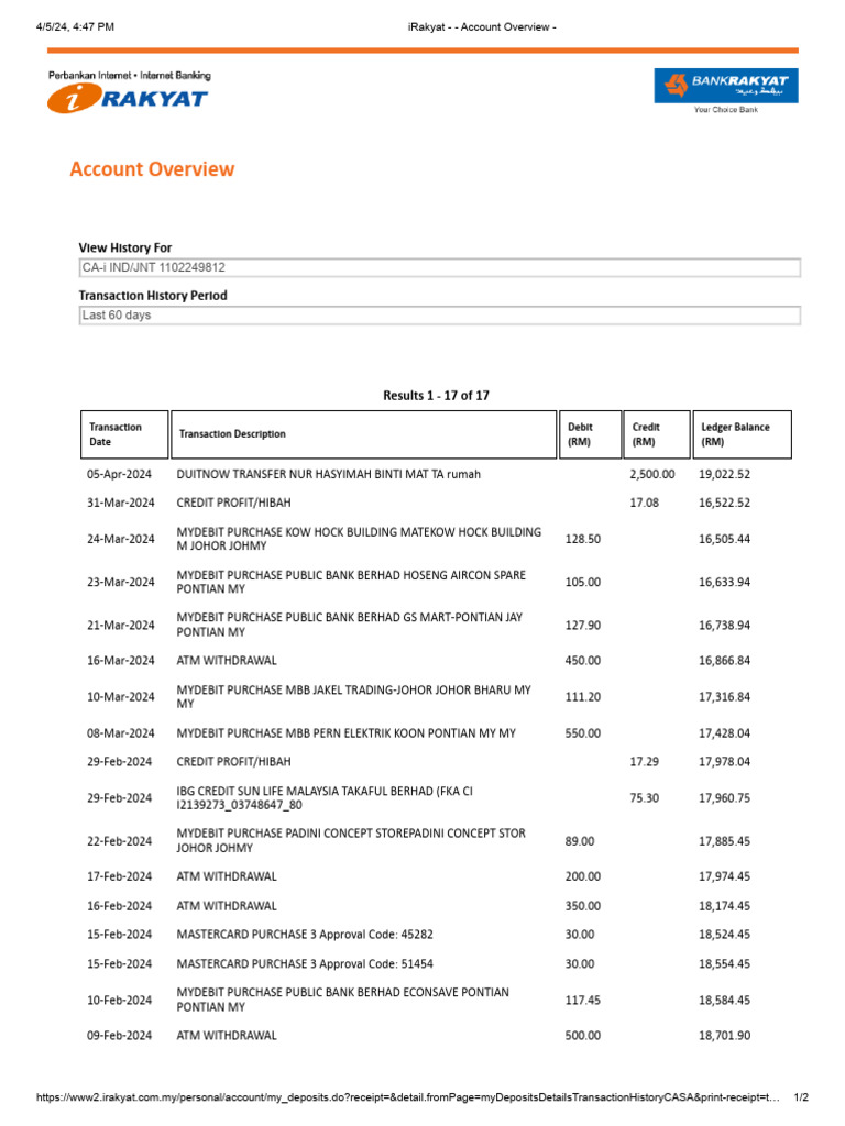 Account Overview: View History For Transaction History Period | PDF ...