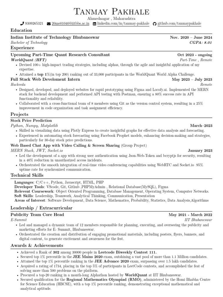 Resume Quant | PDF | Web Development | Software