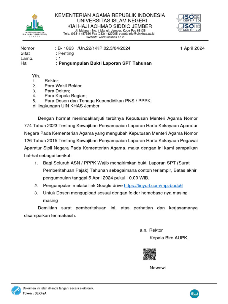 Pengumpulan Laporan SPT ASN UIN KHAS Jember | PDF