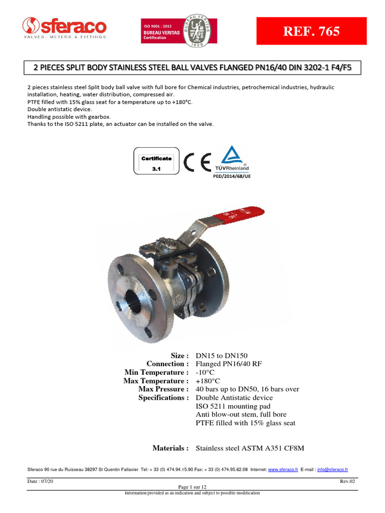 TDS-765-Technical Datasheet 2 Pieces Splitbody Ball Valve Stainless Steel Dinf4-F5 pn16 40 | PDF ...