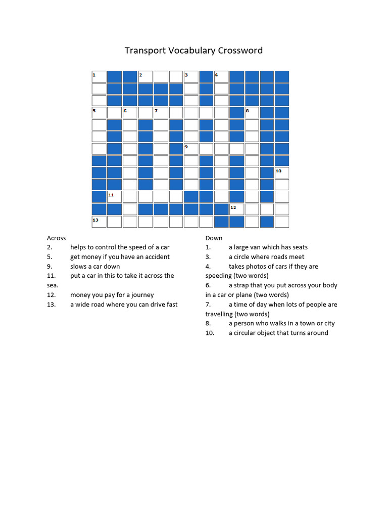 Transportation Vocabulary Crossword | PDF