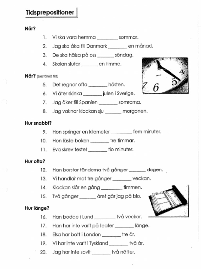 Prepositioner - Tidsprepositioner Övningar S 3 | PDF
