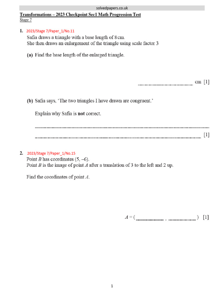 2023 Position and Transformations Checkpoint Sec1 Math Progression Stage 7 | PDF