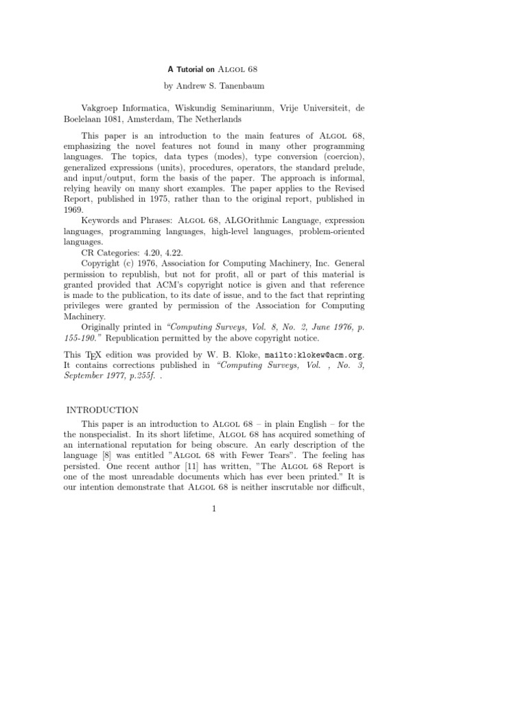 A Tutorial On Algol 68 | PDF | C (Programming Language) | Pointer ...