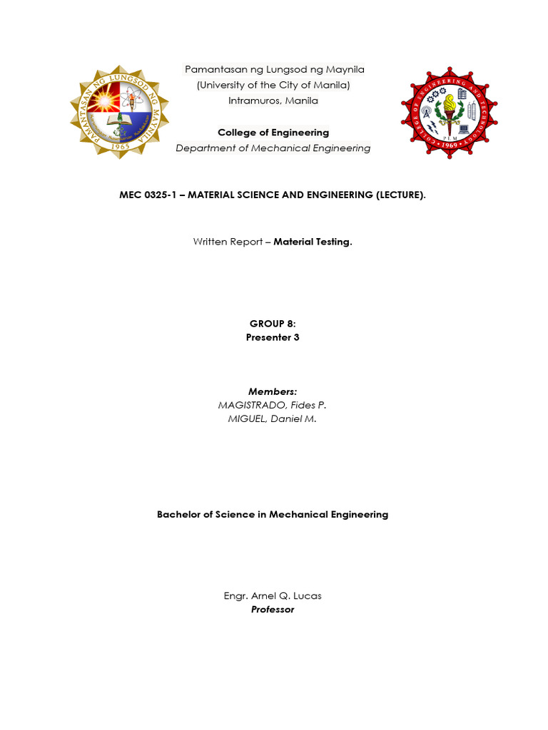 GROUP 8 - Material Testing Written Report (MEC 0325-1) | PDF ...