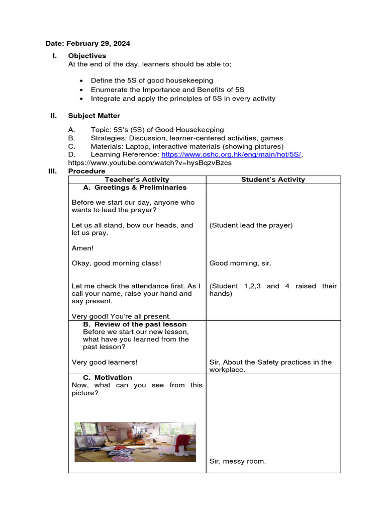 5s Lesson Plan | PDF | Learning | Lesson Plan