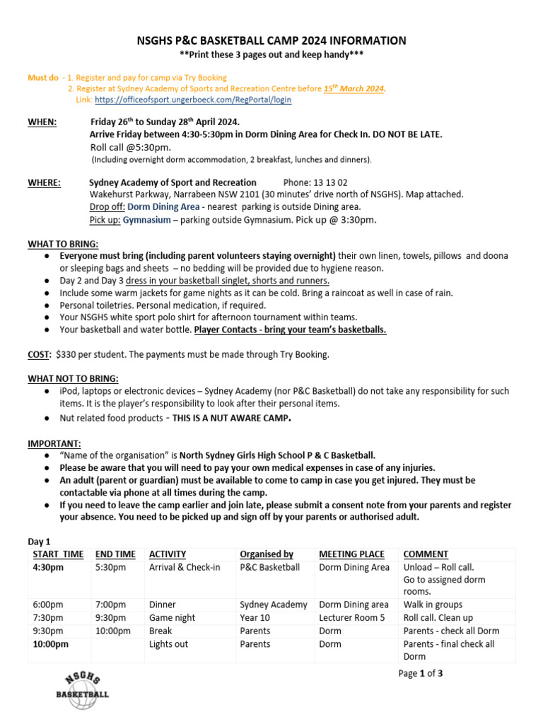 NSGHS P&C Basketball Camp 2024 Information | PDF