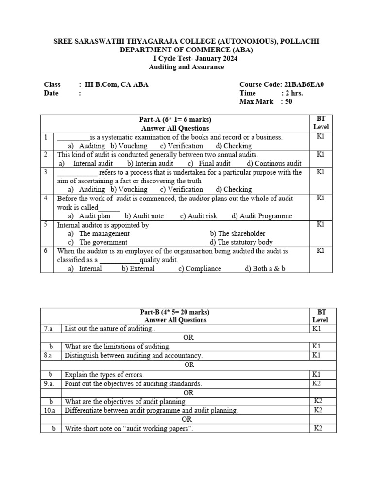 Auditing and Assurance CIA I QP | PDF | Audit | Internal Audit