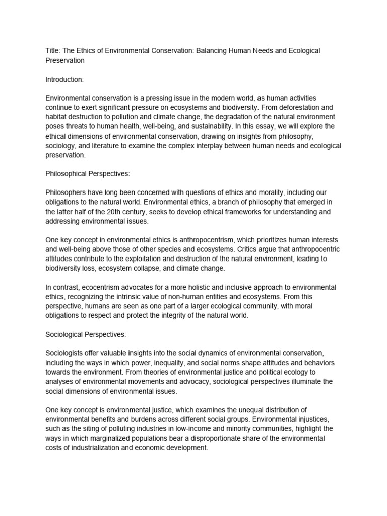 The Ethics of Environmental Conservation - Balancing Human Needs and ...