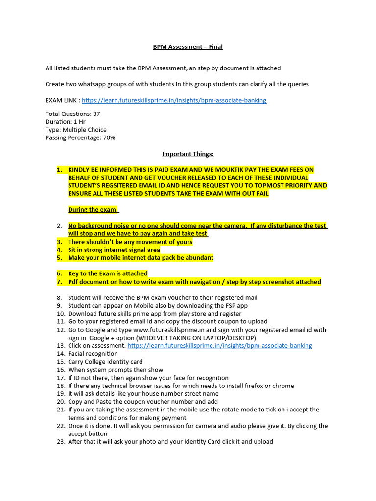 FINAL BPM Assessment - Important Do's & Donts & KEY -7th April 2023 | PDF | Outsourcing | Banks