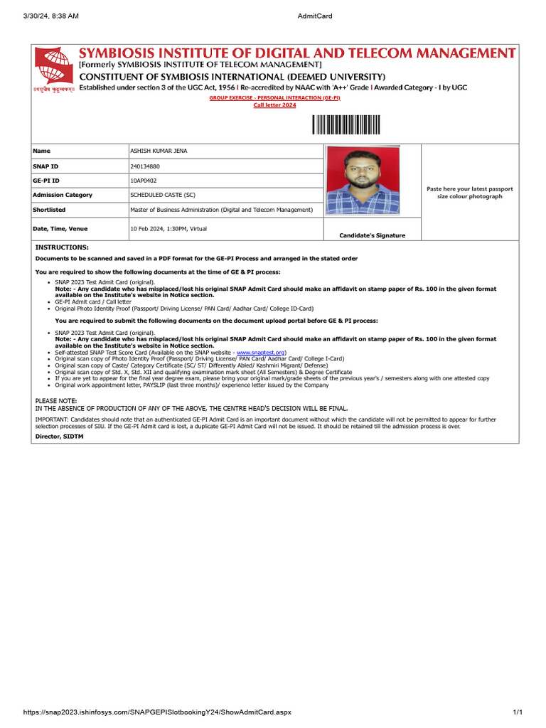 SIDTM Call Letter | Download Free PDF | Identity Document | Access Control