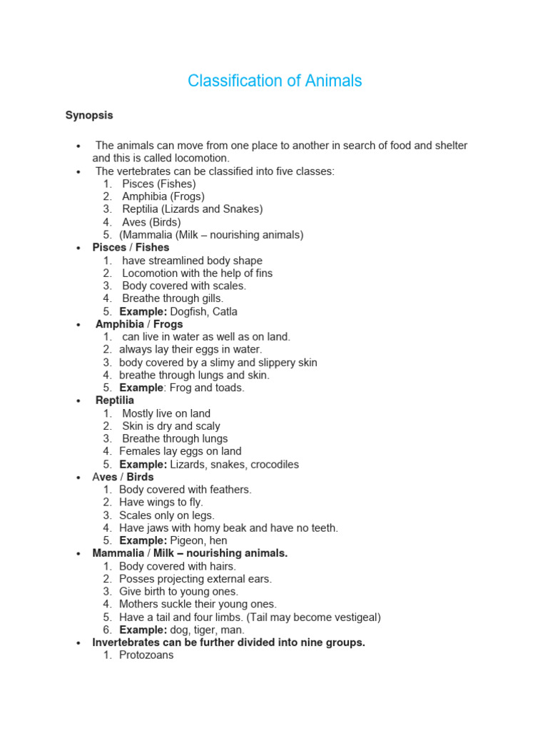 Classification of Animals for Class 7 ICSE | PDF | Invertebrate | Skeleton