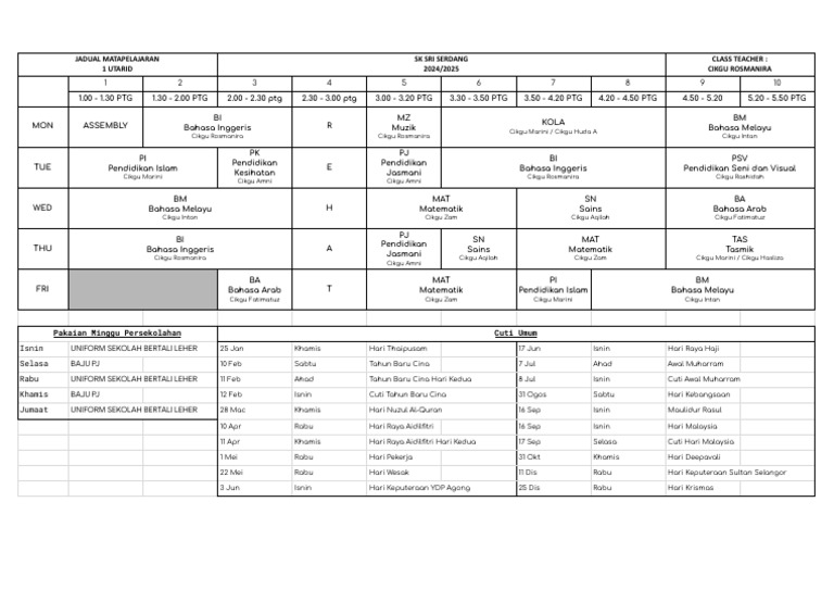 JADUAL MATAPELAJARAN 1 UTARID - Google Sheets | PDF