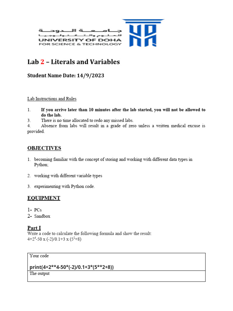 Lab Manual - AETN2302 - L2 (Lirterals and Variables) | PDF | Variable ...