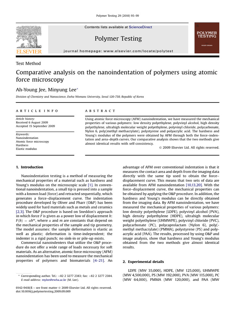 Comparative Analysis On The Nanoindentation Of Polymers Using Atomicforce Micros Pdf Atomic