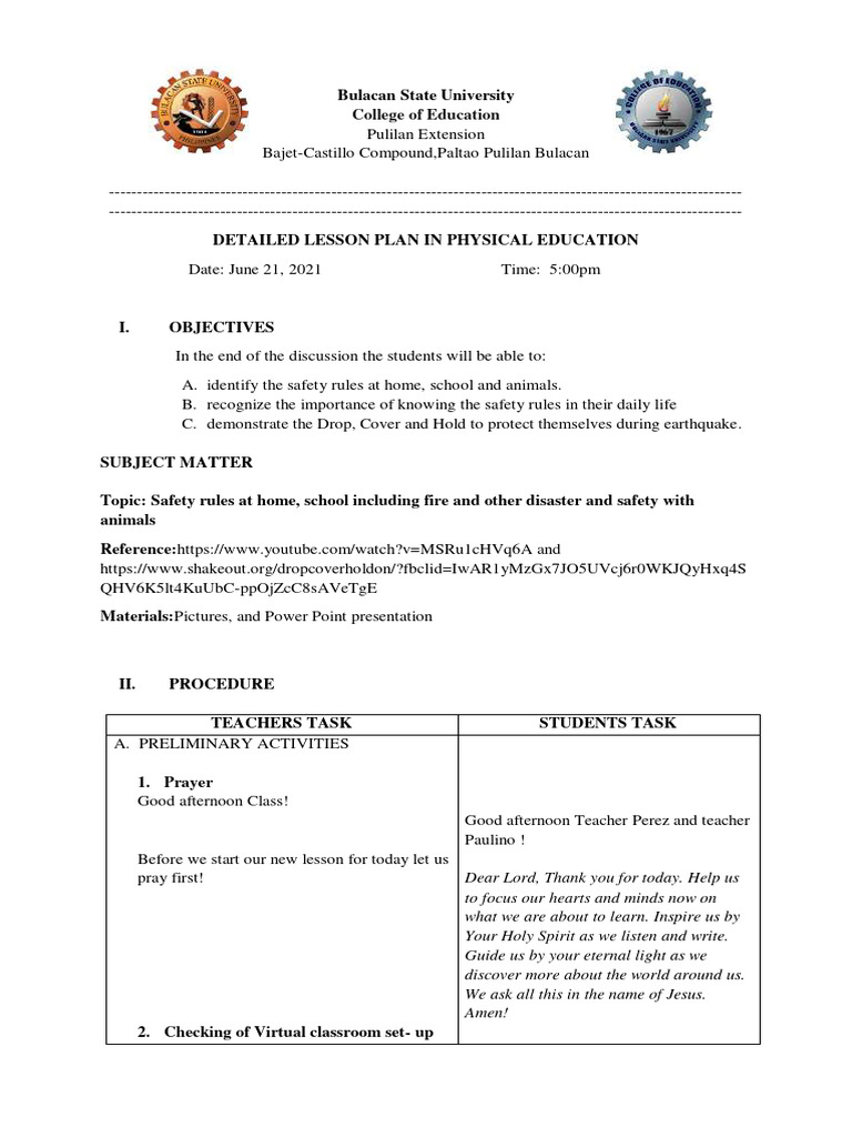 P.E Detailed Lesson Plan PAULINOandPEREZ | PDF | Lesson Plan