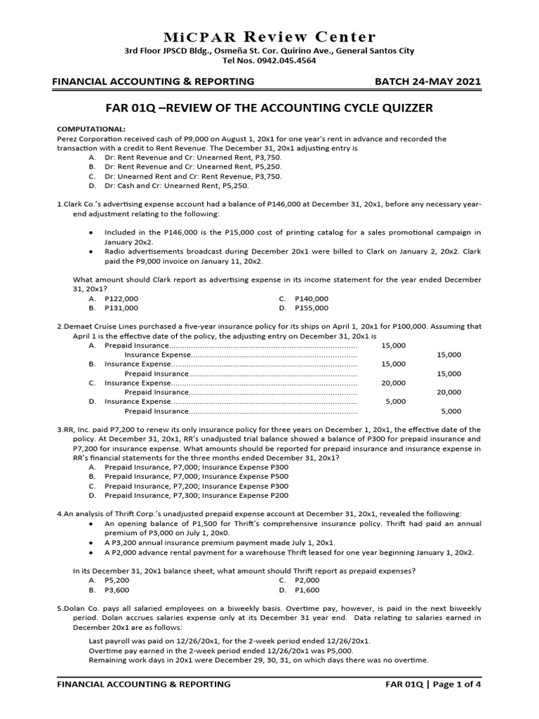 FAR 01Q Review of Accounting Cycle Quiz | PDF | Debits And Credits ...