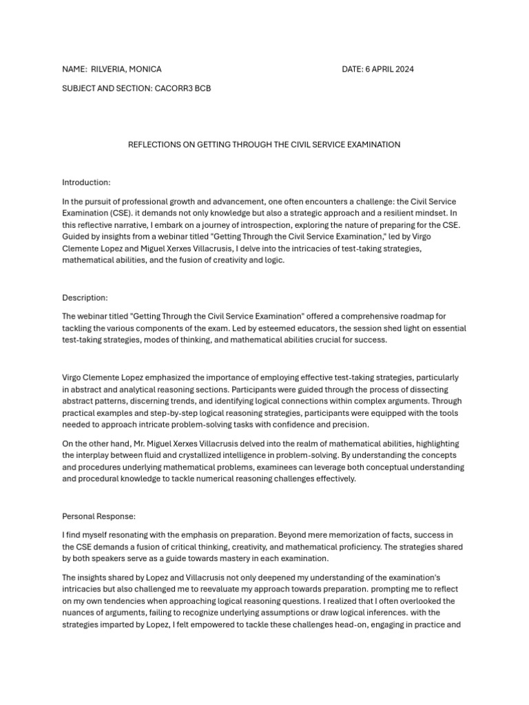 Reflection Paper Getting Through The Civil Service Examination | PDF ...
