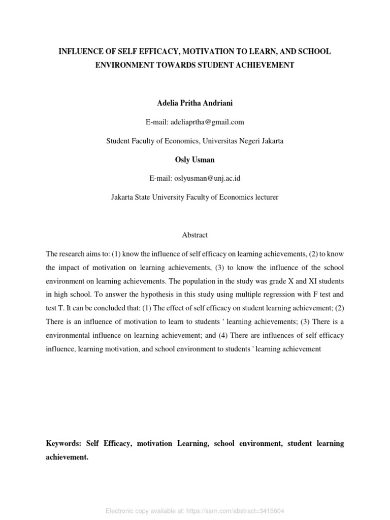 Influence of Self Efficacy, Motivation To Learn, and School Environment ...