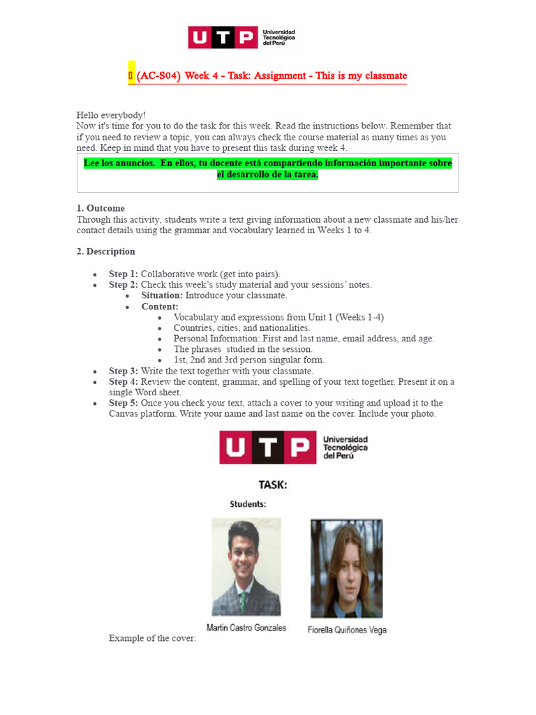 ? (AC-S04) Week 4 - Task Assignment - This Is My Classmate | PDF | Human Communication | Linguistics